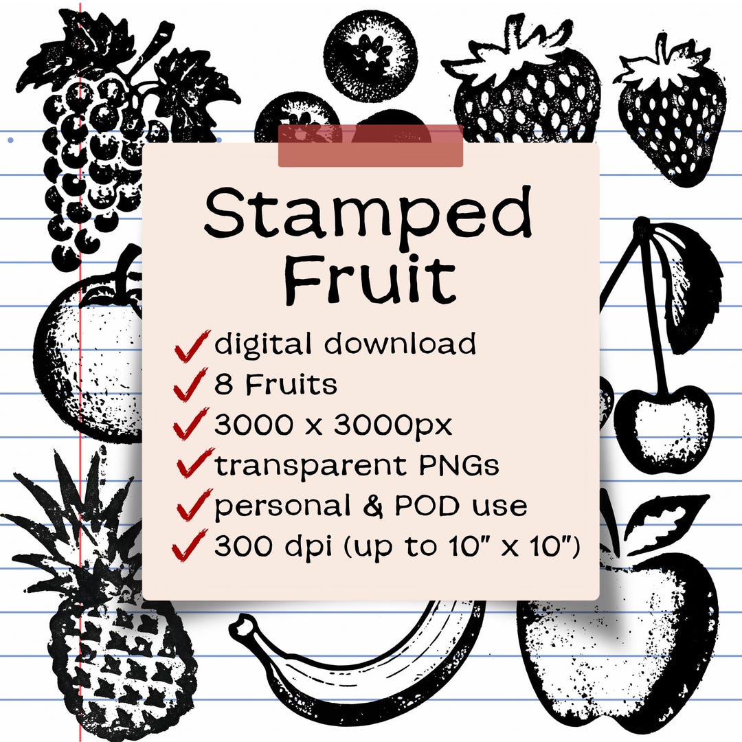 Stamped Fruits Digital Download, Fruit Clipart, Grunge Style Cherry ...