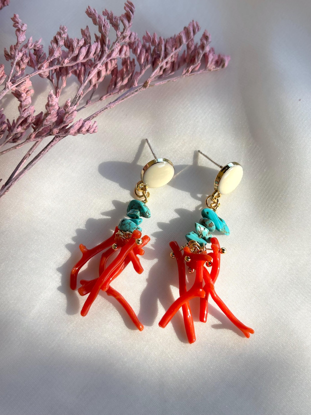 Mediterranean Red Coral Earrings With Turquoise/statement Earrings/red ...
