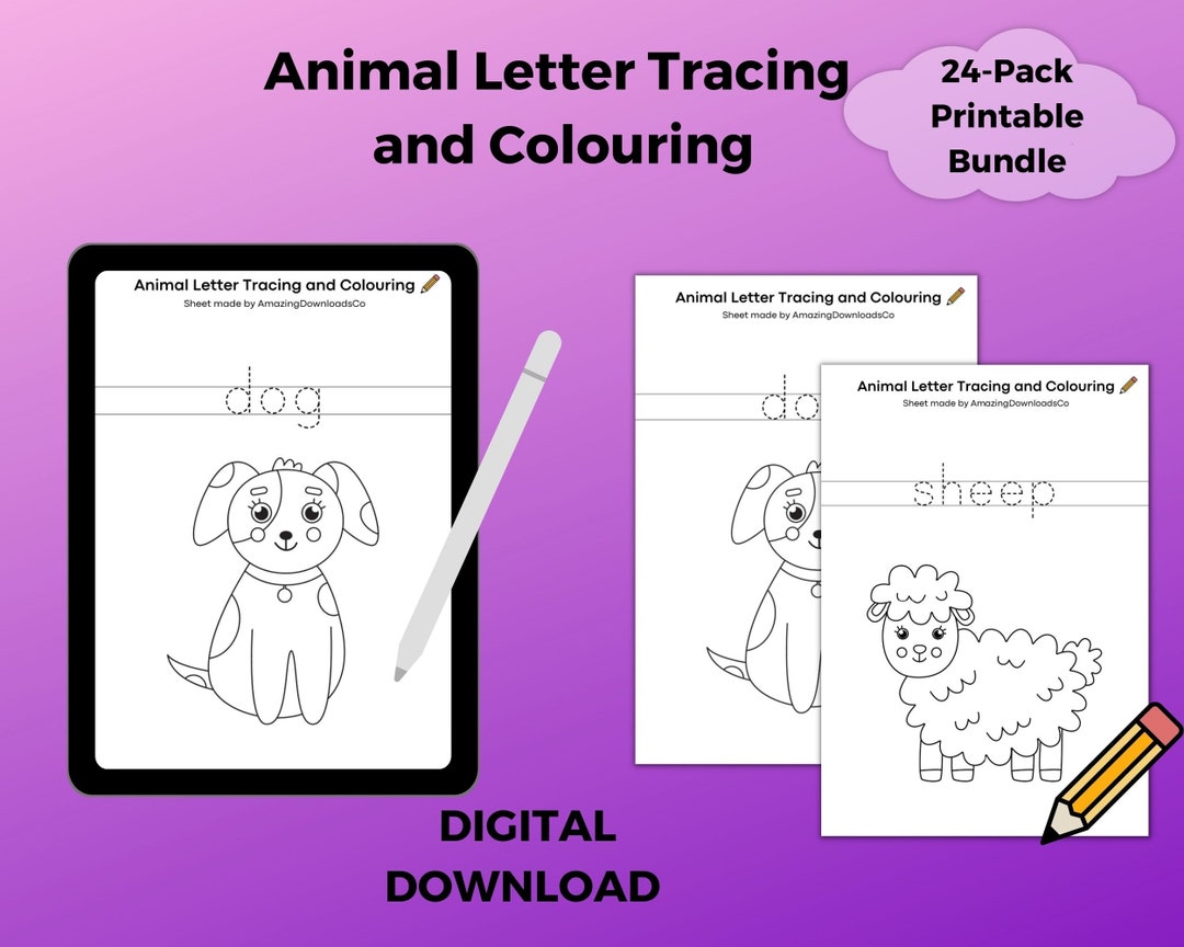 Letter Tracing & Colouring – 24 Printable Animal Activities, Children ...