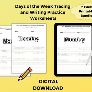 Days of the Week Tracing and Writing Practice Worksheet Printable ...