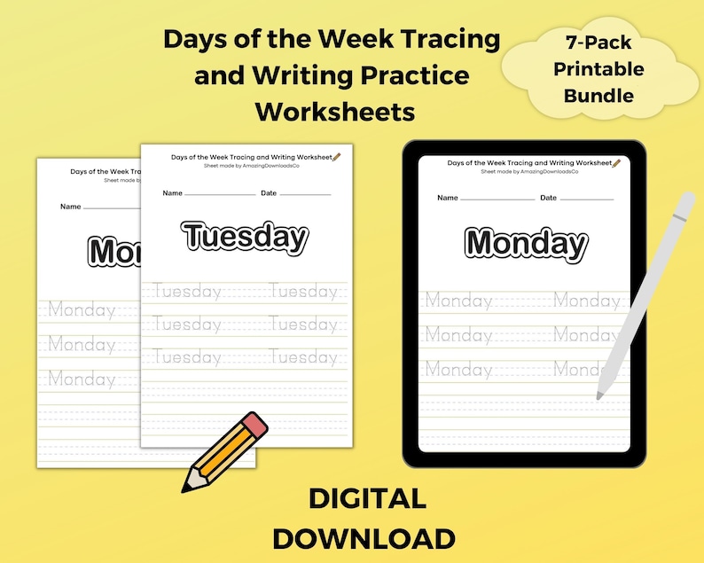 Days of the Week Tracing and Writing Practice Worksheet Printable ...