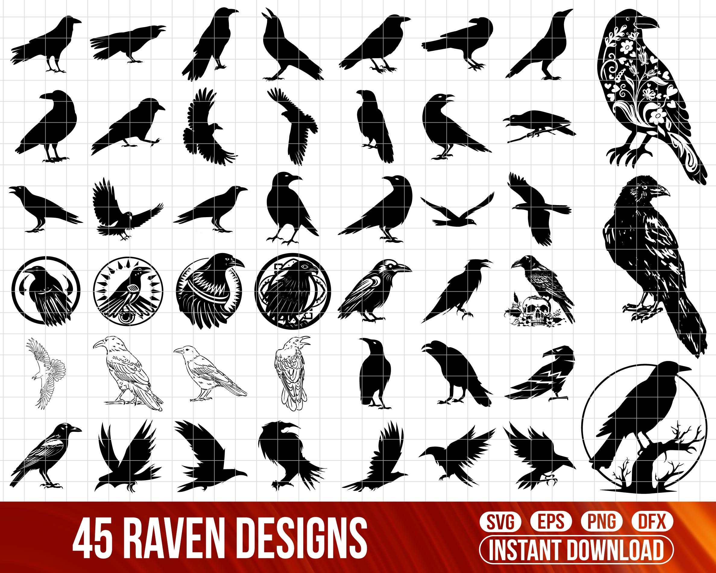 45 Raven SVG Bundle, Crow Svg, Raven PNG Bundle, Raven Clipart, Raven ...