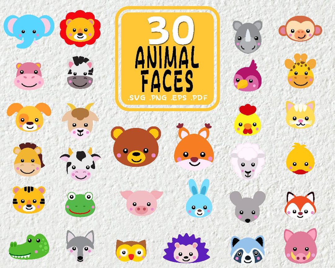 Cute Animal Face PNG Clipart Bundle | Wild & Farm Animals | Lion ...