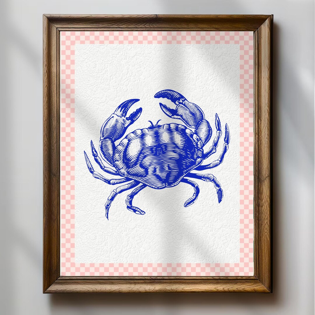 Vintage Crab Print - Nautical Wall Art - Coastal Kitchen Decor - Blue ...