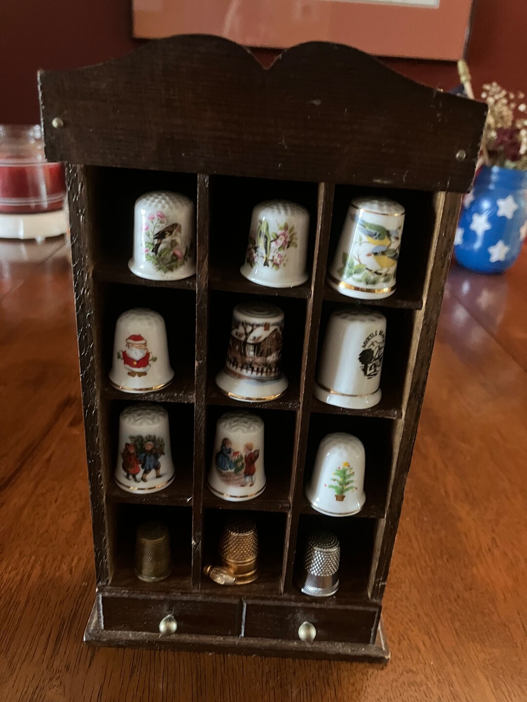 A Set of 12 Sewing Thimbles With Wooden Shadow Box Each One Different ...