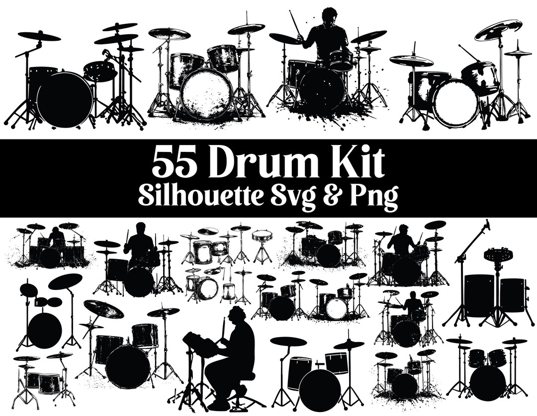 Drum Kit Silhouette Bundle | Drum Set SVG PNG | Music Band Drum Stencil ...