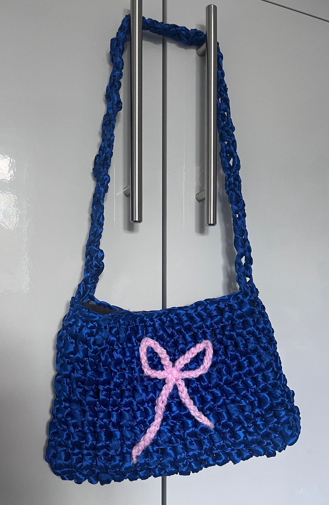 Crochet Blue Ribbon Bag With Pink Bow - Etsy