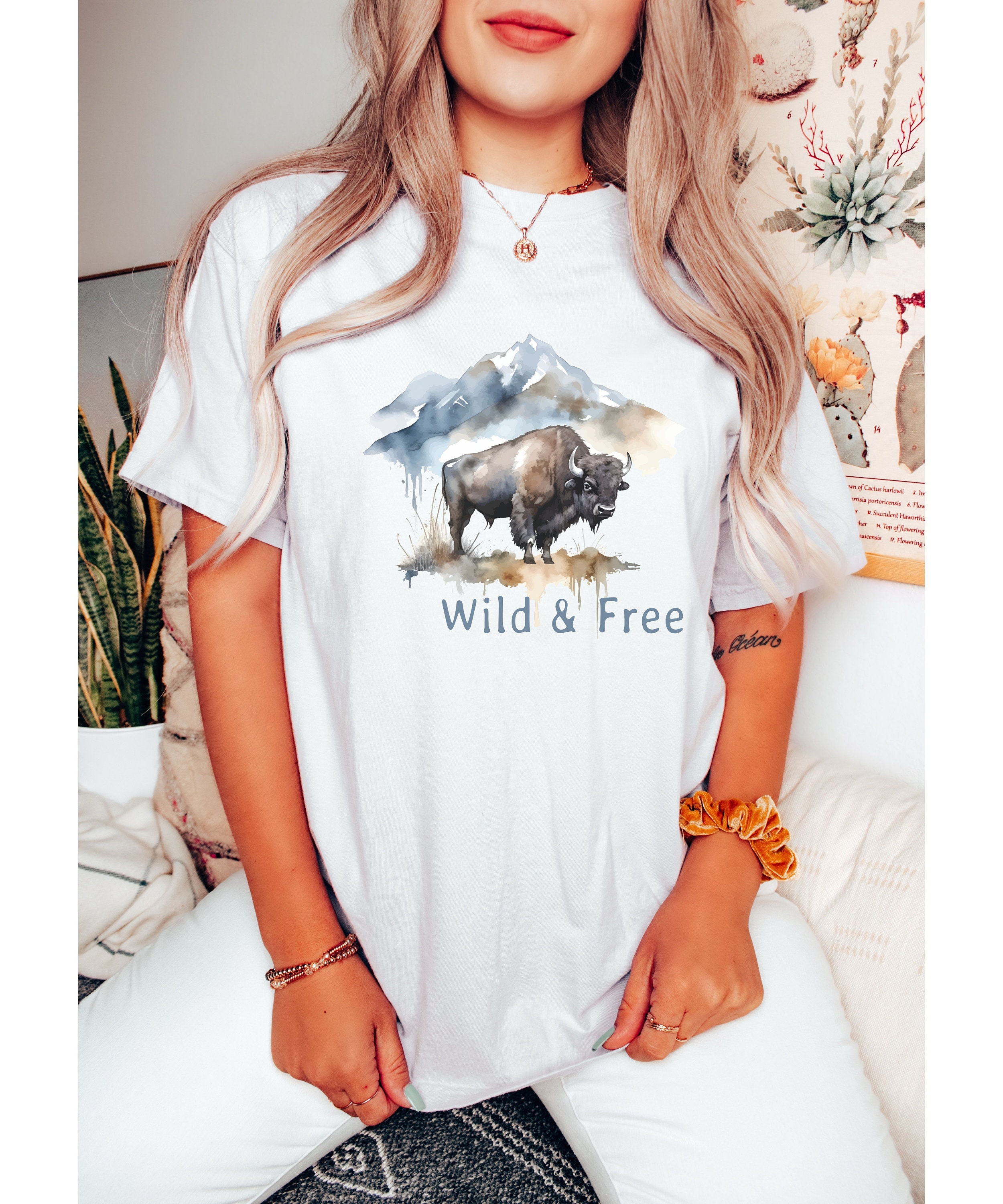 Bison in Front of a Mountain Shirt Bison Graphic Shirt Womens Comfort ...