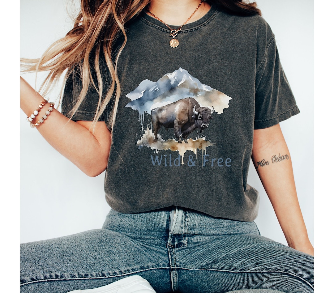 Bison in Front of a Mountain Shirt Bison Graphic Shirt Womens Comfort ...