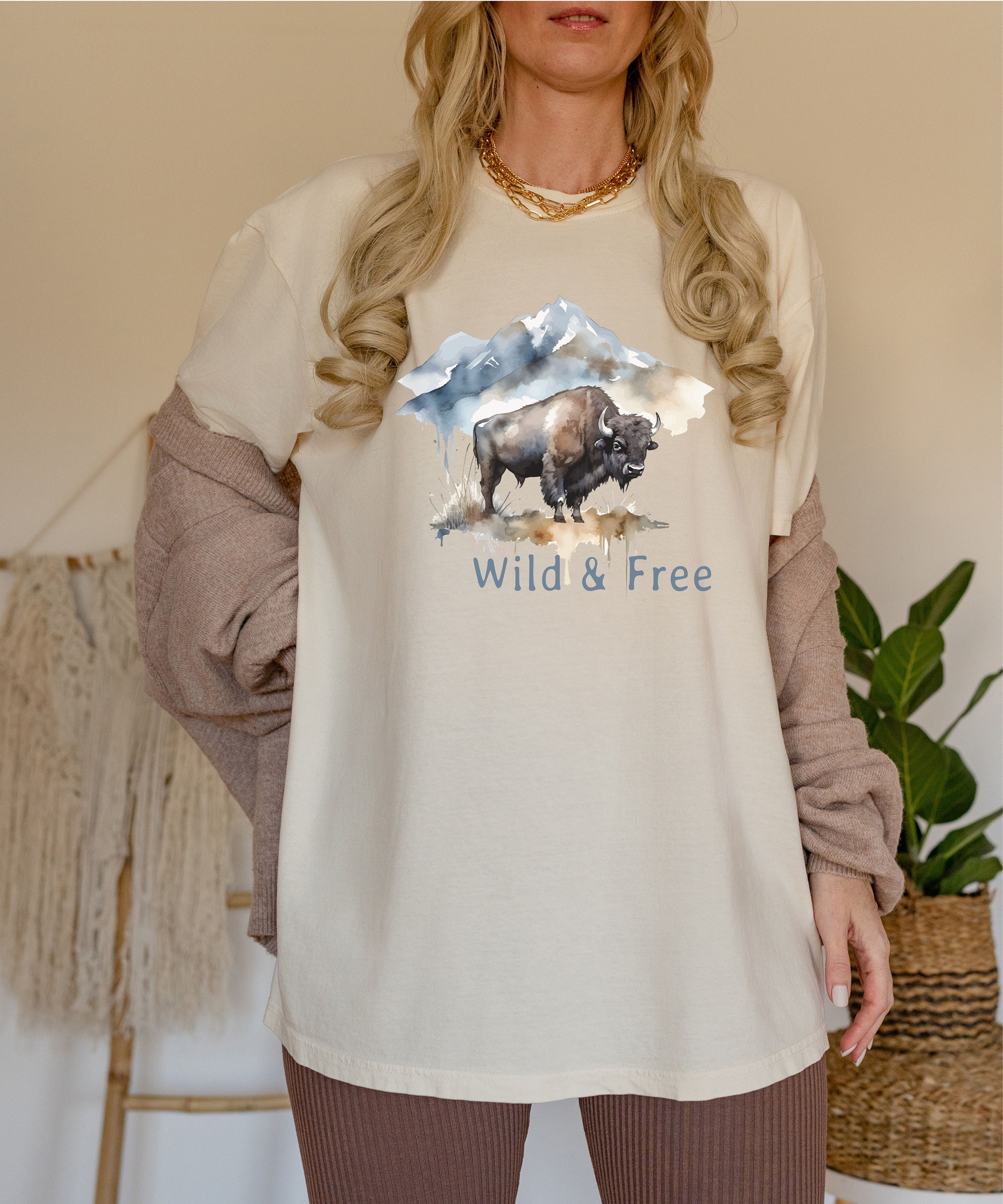 Bison in Front of a Mountain Shirt Bison Graphic Shirt Womens Comfort ...