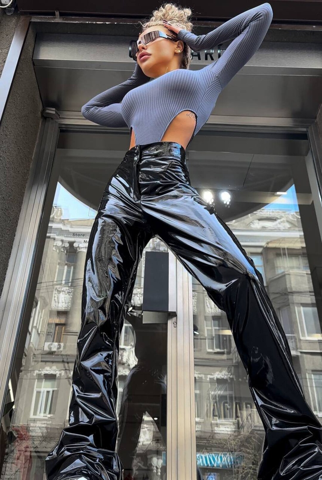 Black Vinyl Flared Pants Women Moto Pvc Extreme Pants - Etsy