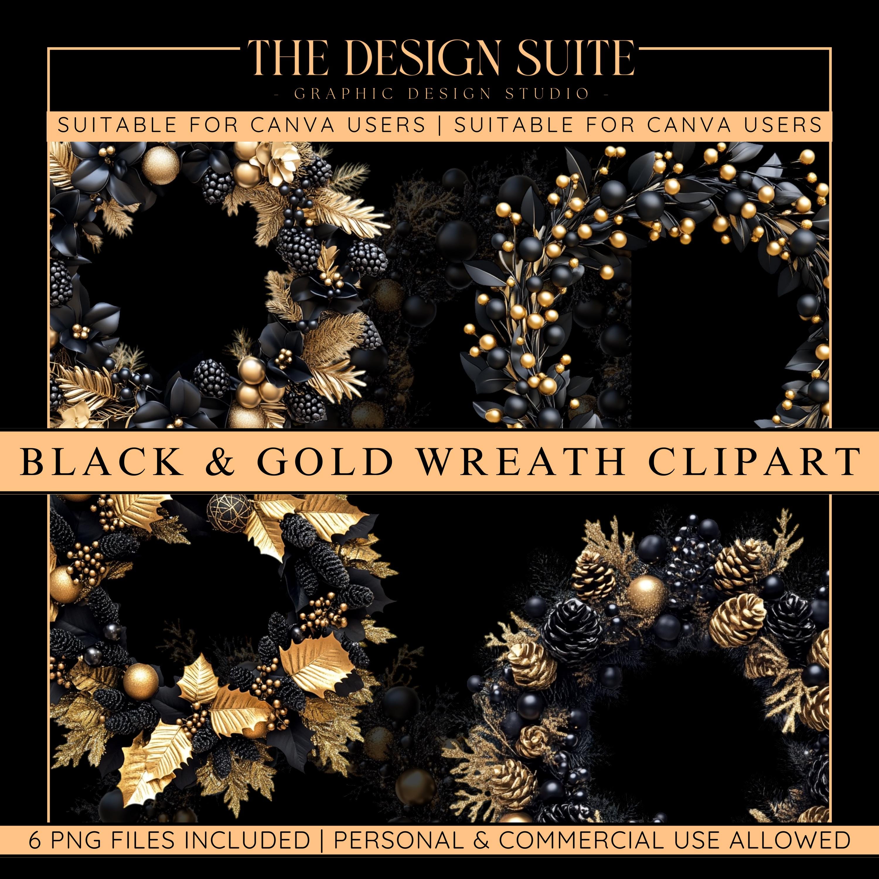 Black and Gold Wreath Clipart, Social Media, High Quality PNG Files ...