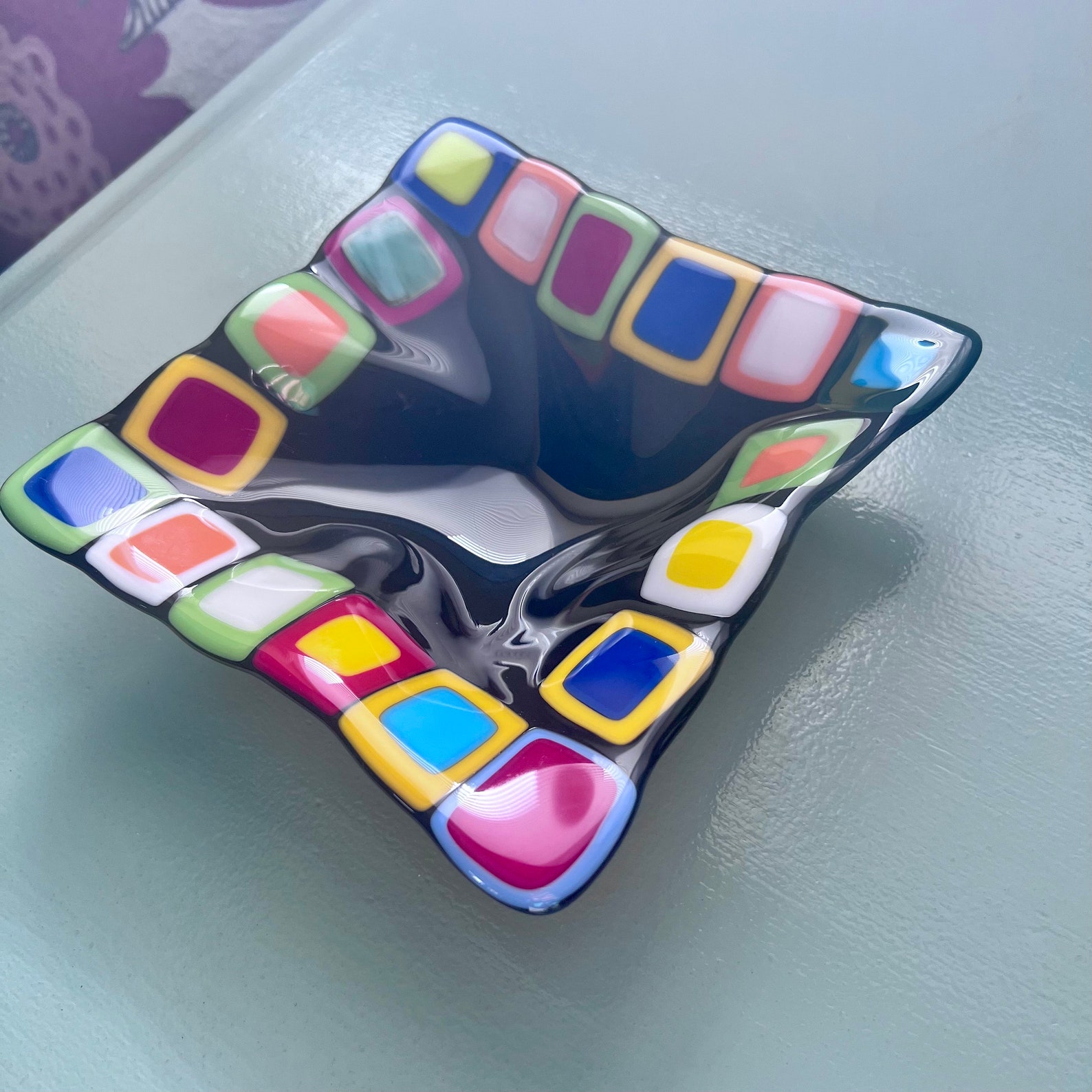 Colorful Glass Dish Centerpiece Gift Fused Art Glass Decorative Home ...