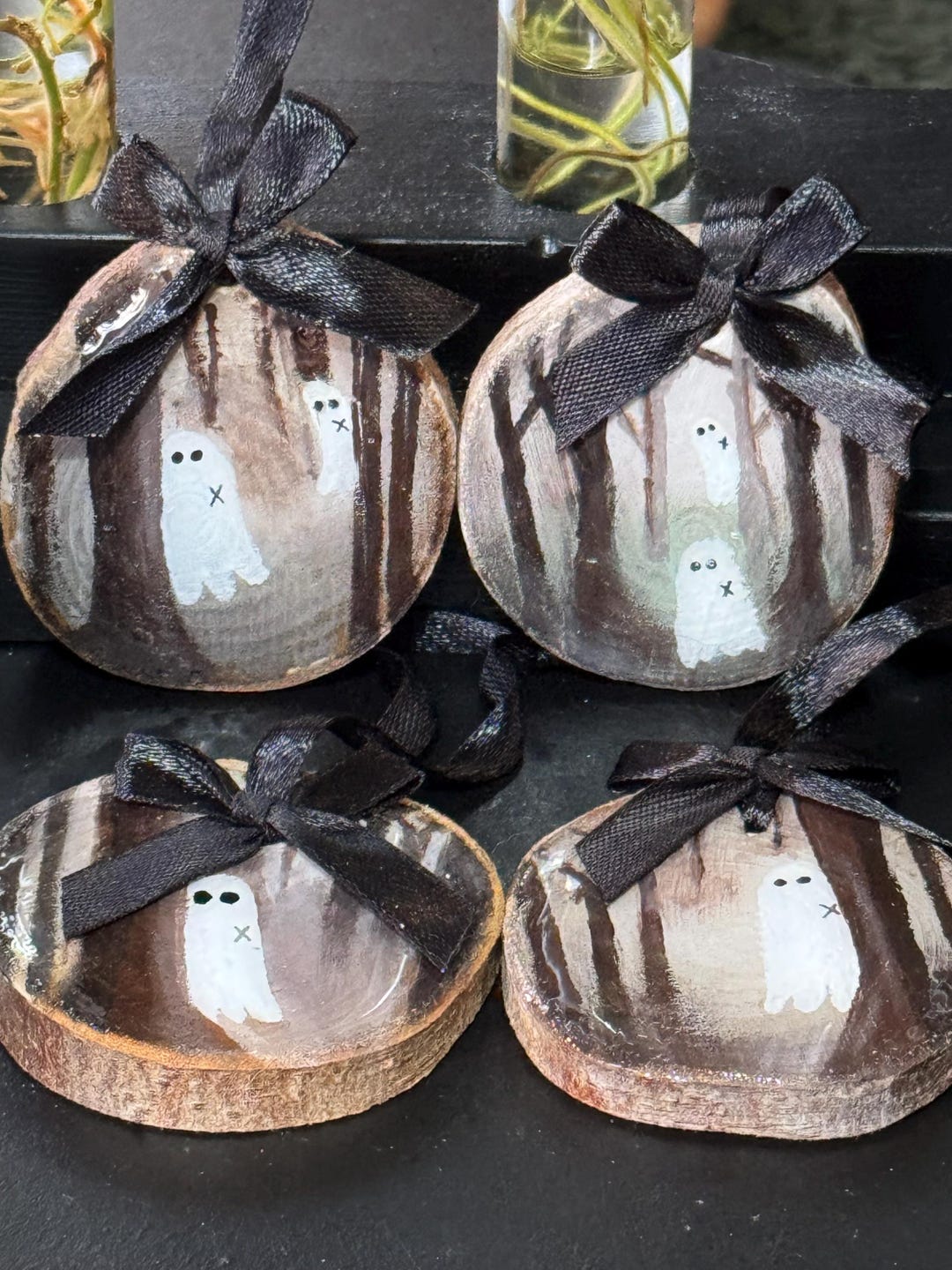 Cross Your Heart Ghosts Hand Painted Branch Slice Hanging Art With ...