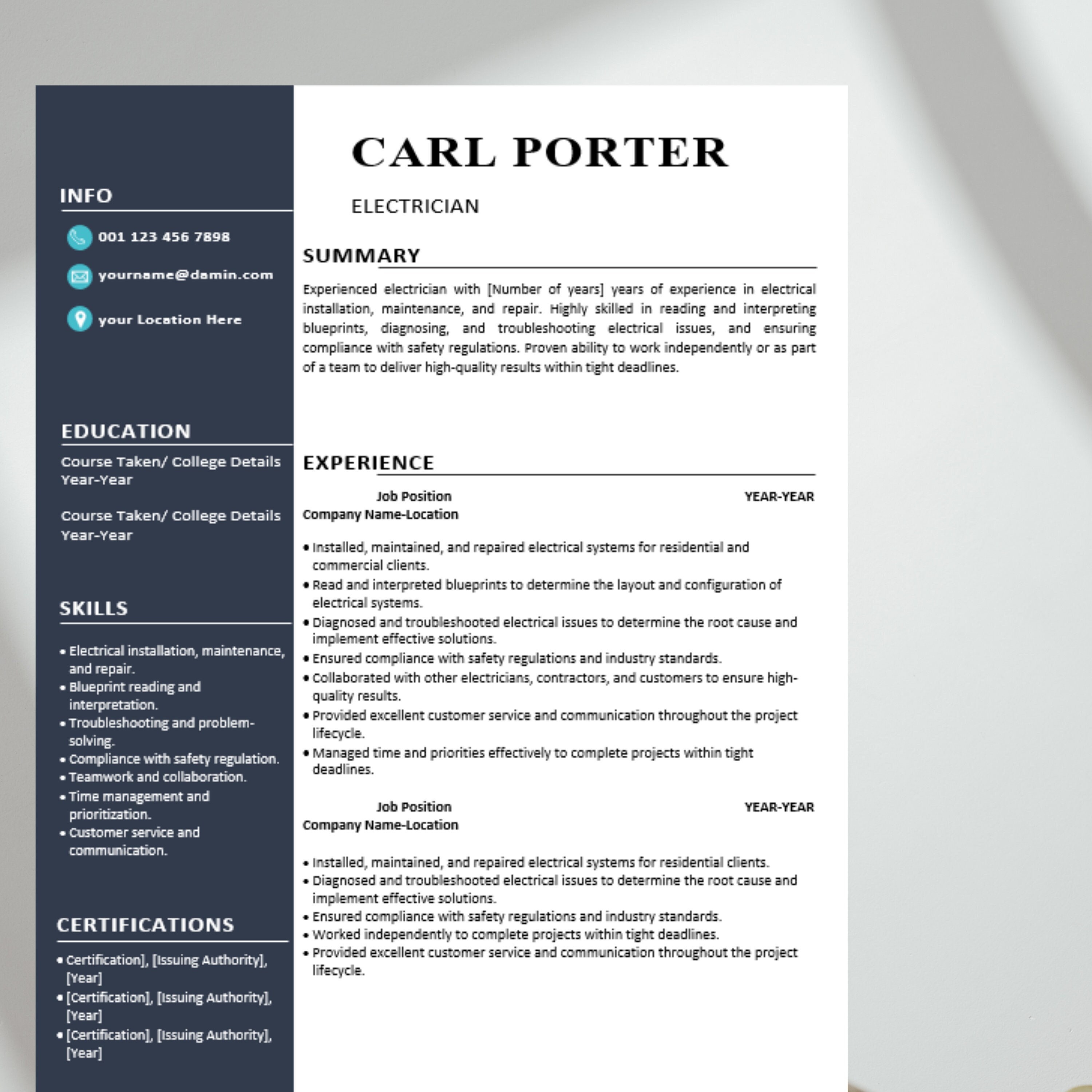 Electrician CV Template Modern Template in Word Creative Resume Sample ...