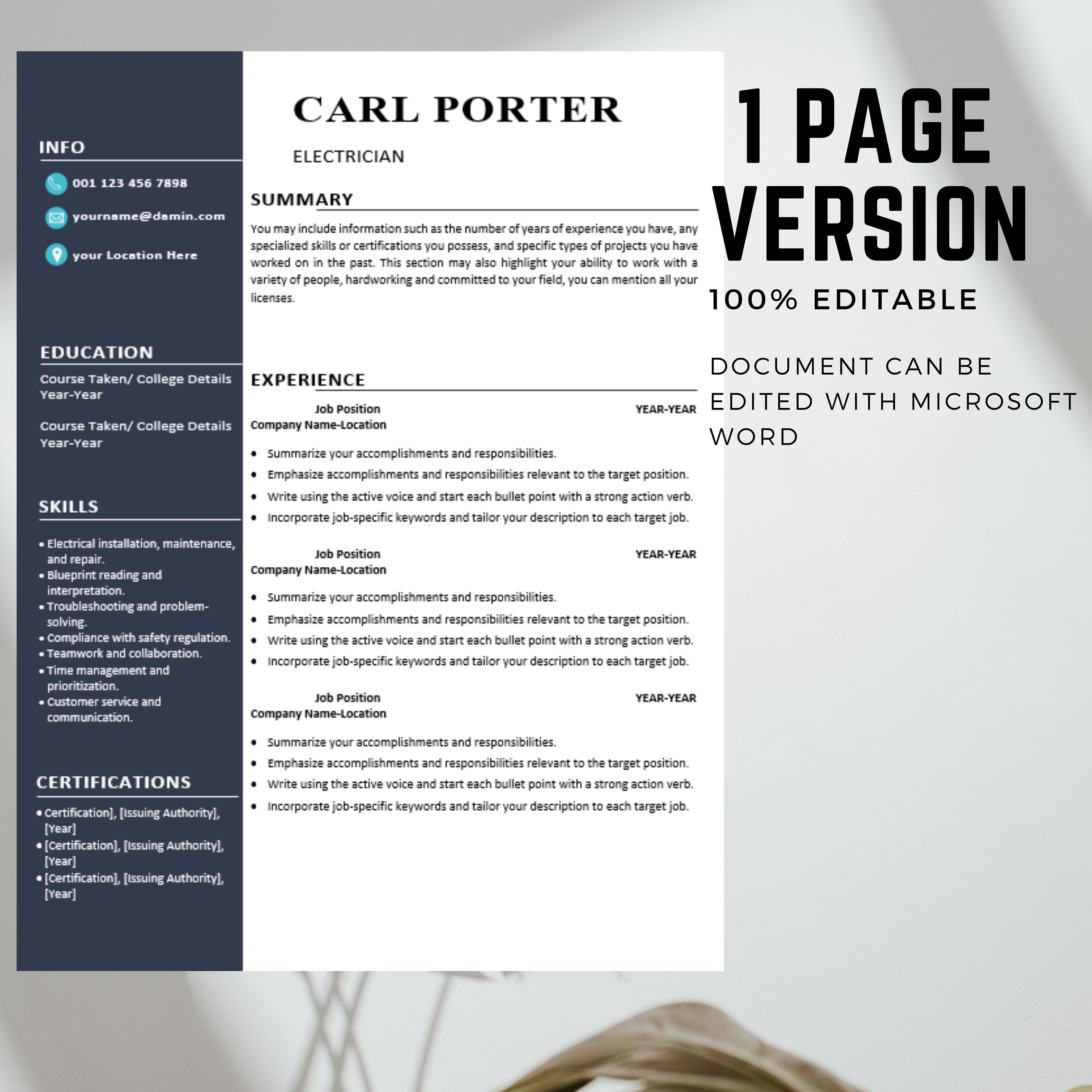 Electrician CV Template Modern Template in Word Creative Resume Sample ...