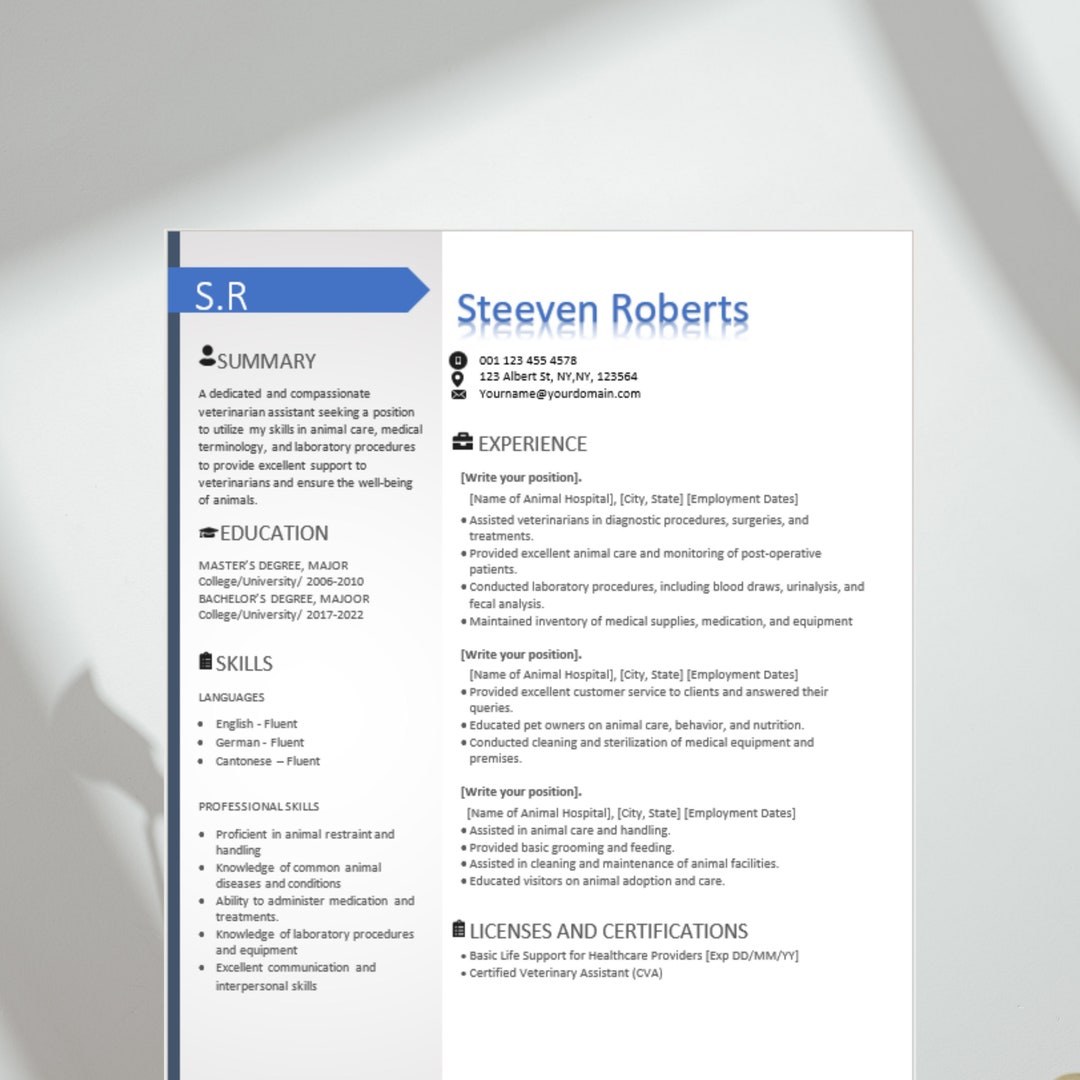 Resume Template for Vet Assistant Modern Template in Word Stylish ...