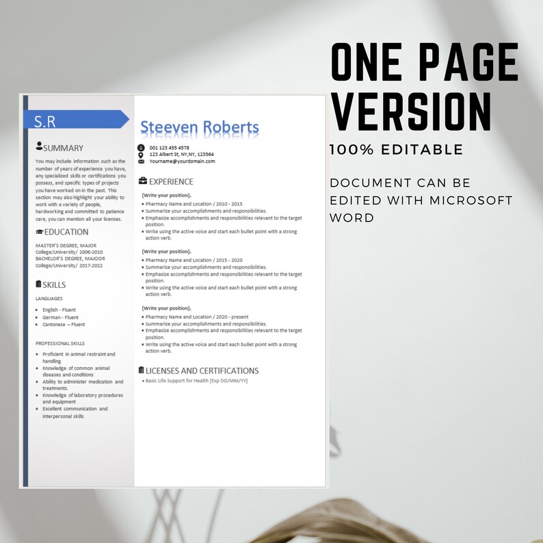 Resume Template for Vet Assistant Modern Template in Word Stylish ...