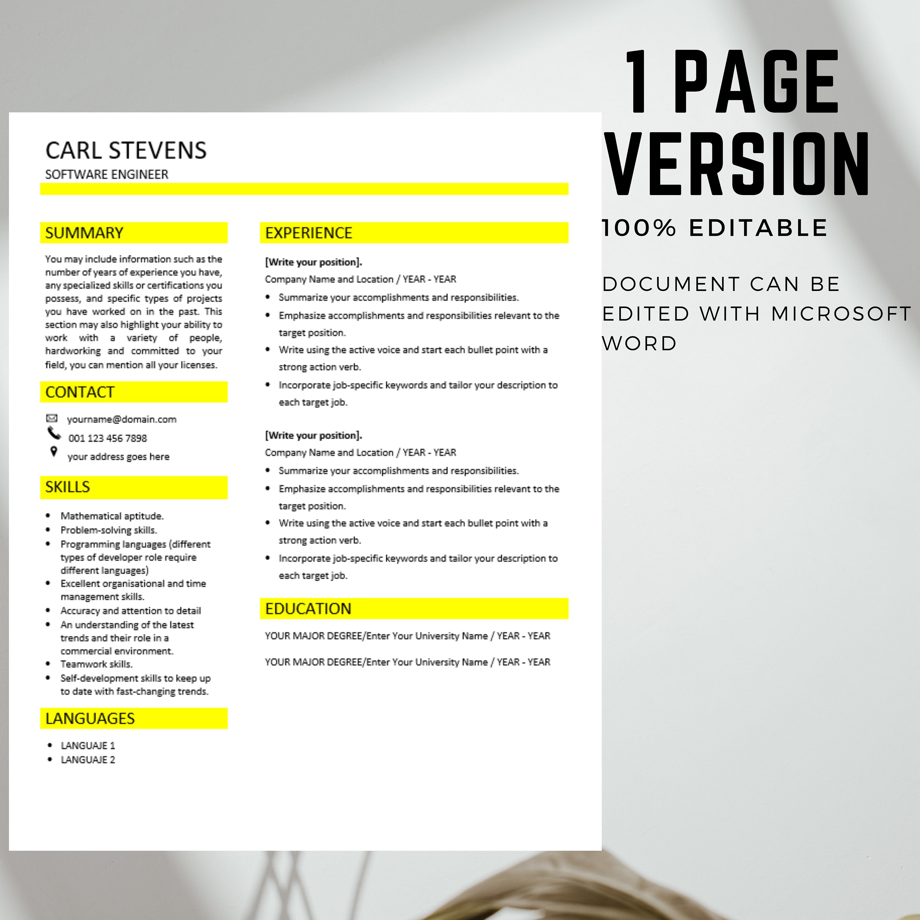 Software Developer CV Template Modern Template in Word-minimalist ...