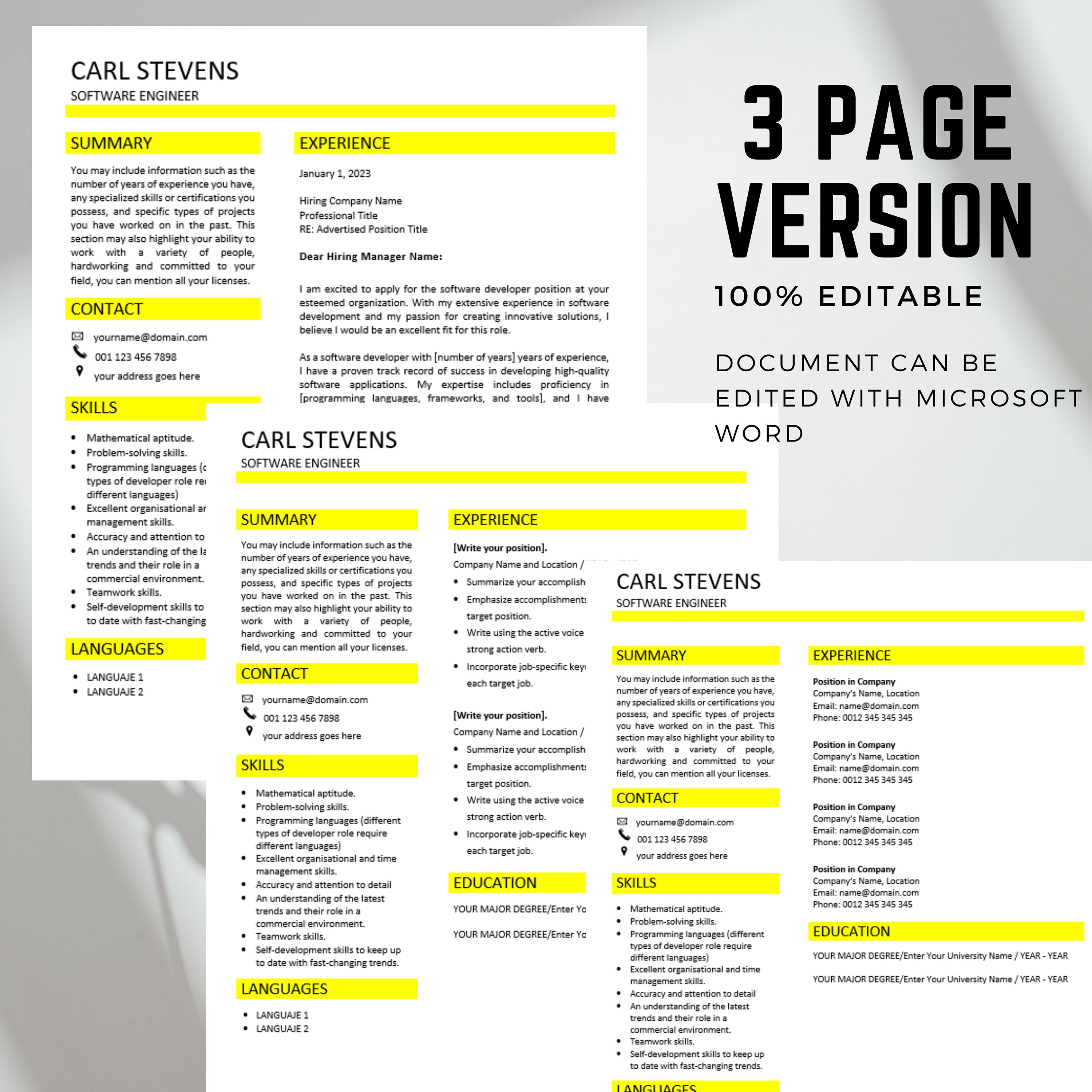 Software Developer CV Template Modern Template in Word-minimalist ...