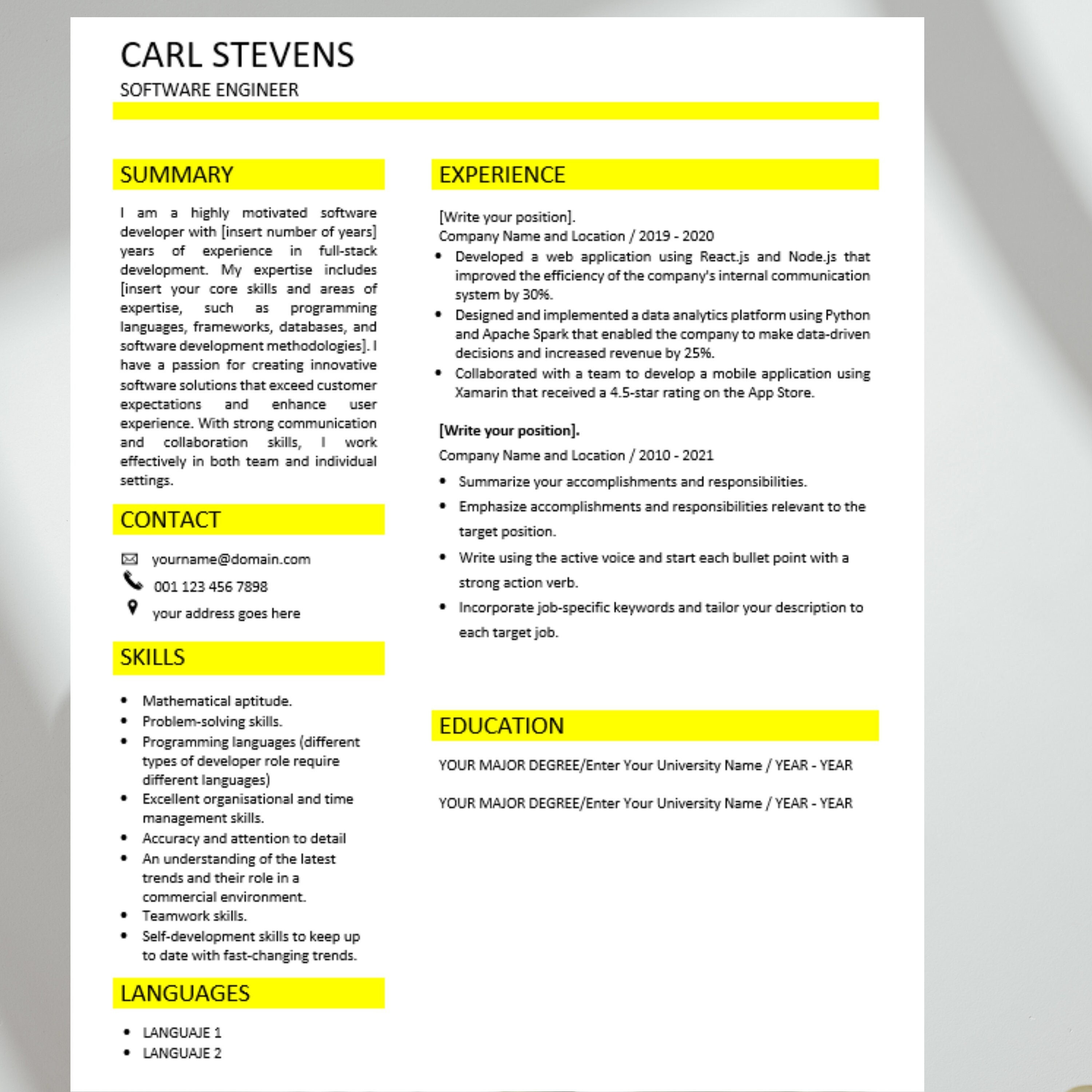 Software Developer CV Template Modern Template in Word-minimalist ...