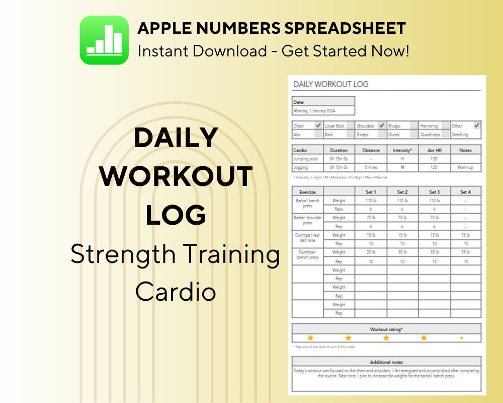 Workout Log for Apple Numbers App, Daily Exercise Tracker for Strength ...