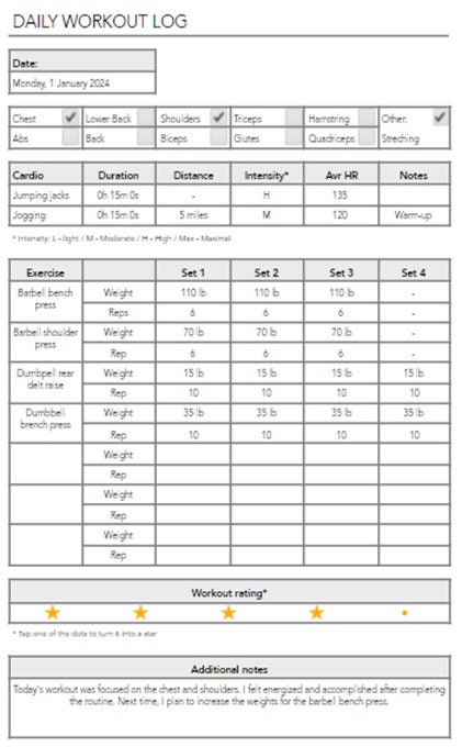 Workout Log for Apple Numbers App, Daily Exercise Tracker for Strength ...
