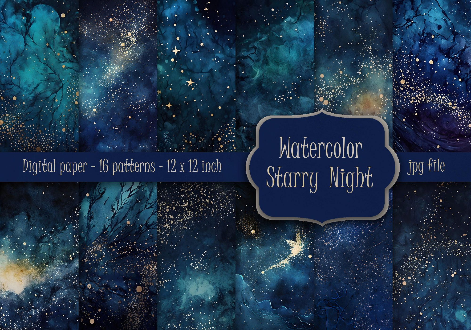 Starry Night Digital Paper, Dark Blue Watercolor Texture, Night Sky ...