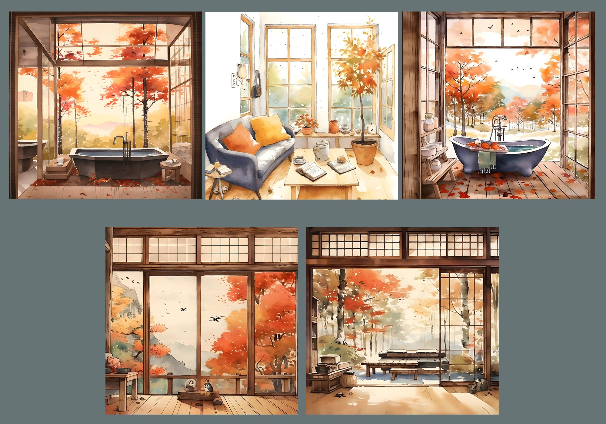 Watercolor Cozy Rooms Paper, Printable Paper, Autumn Background, Soft ...
