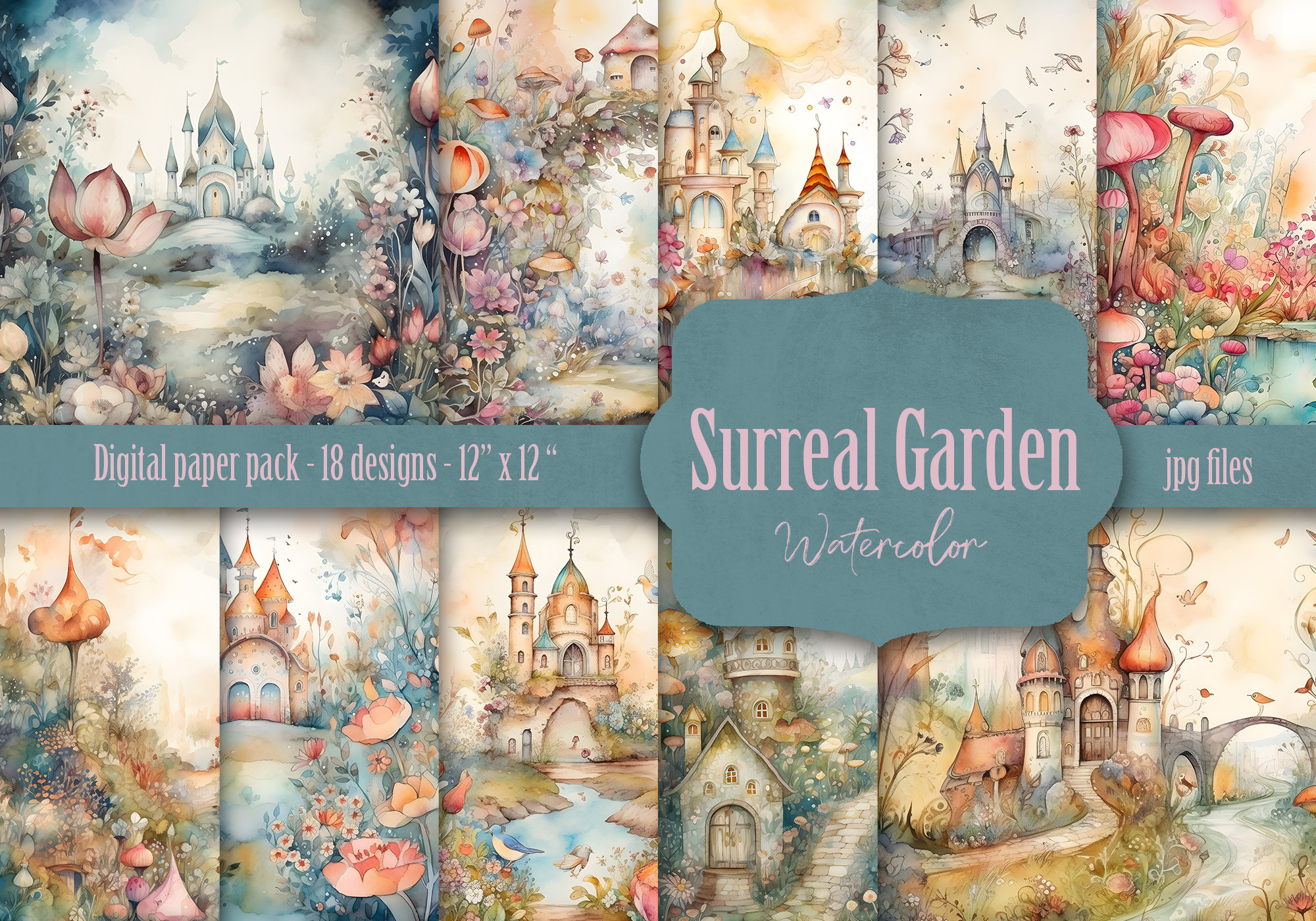 Dreamy Surreal Garden Watercolor, Printable Paper (digital Download) - Etsy