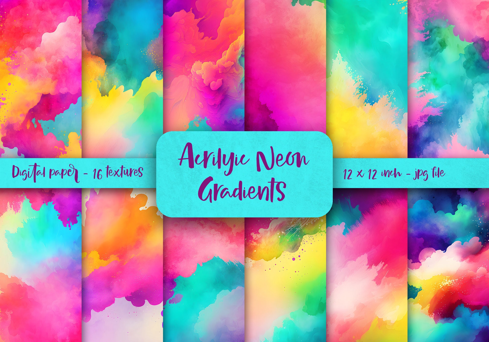 Neon Watercolor Digital Paper, Neon Gradient Wallpaper, Neon Gradient ...