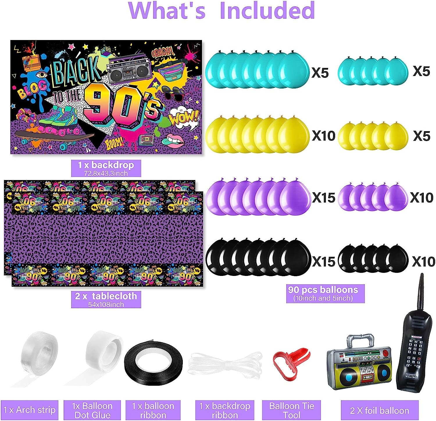 Back to the 90s Balloon Garland Kit and Backdrop, Disco Ball Radio Boom ...