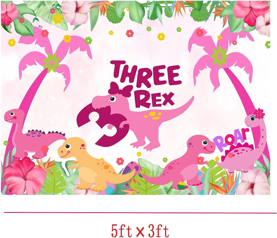 Pink Dinosaur Three Rex Backdrop and Balloons, Girl's 3 Rex Banner T ...