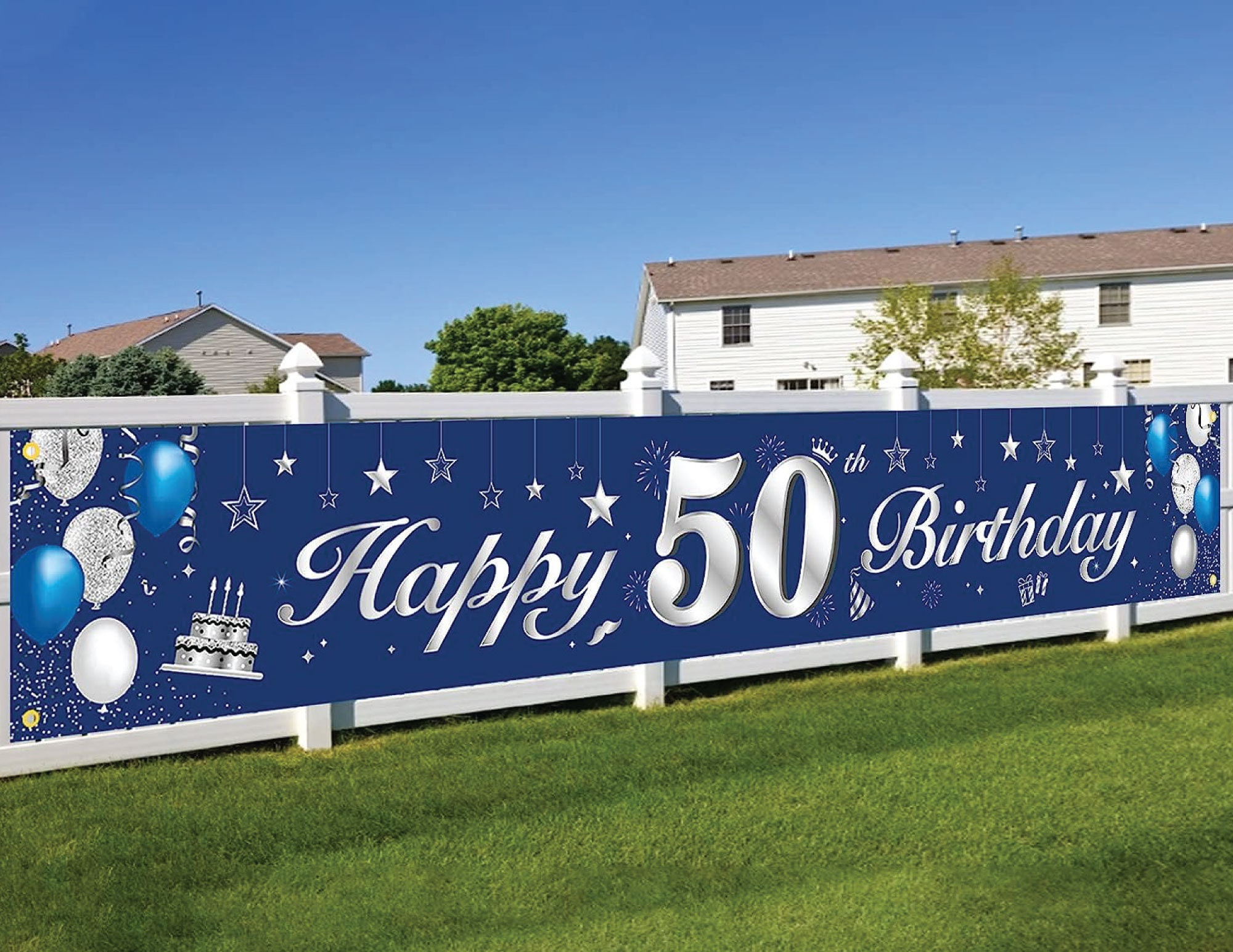 Large 50th Birthday Banner Backdrop Decorations for Men Women Silver ...