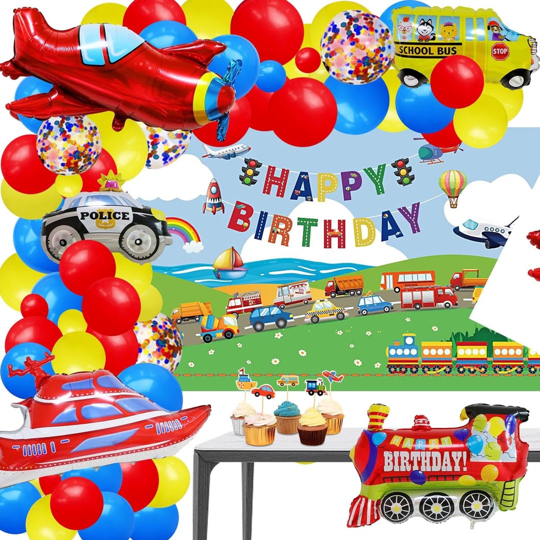 Transportation Birthday Backdrop and Balloon Garland Arch Kit, Cars ...