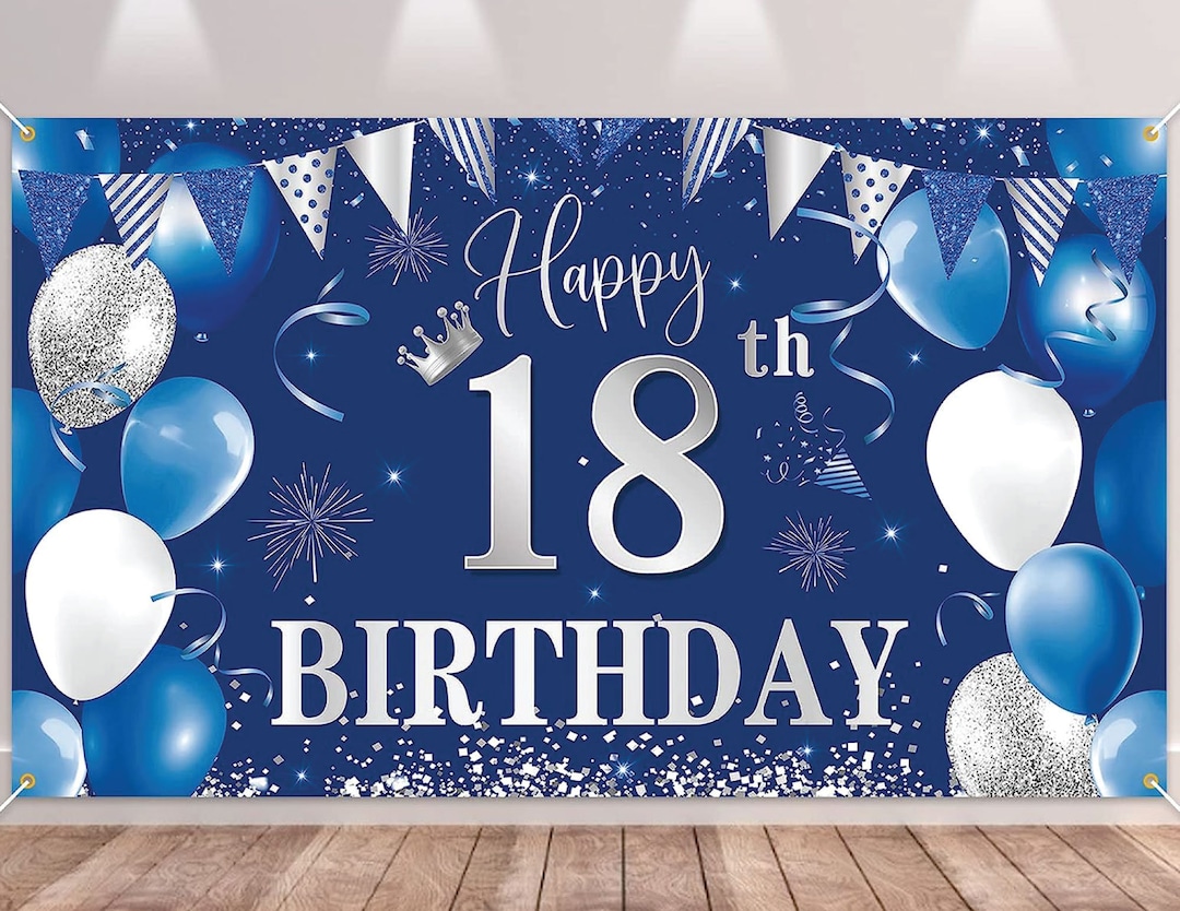 18th Birthday Banner Backdrop Decorations for Girl Boy Blue Silver ...