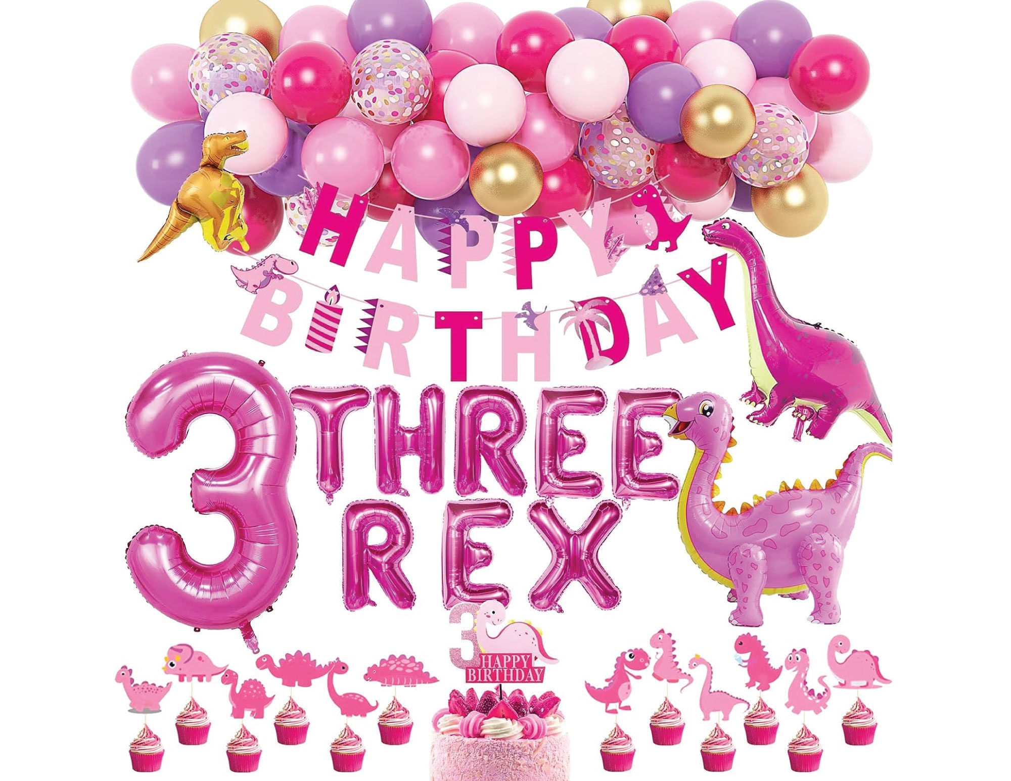 Pink Dinosaur Three Rex Balloons Girl's 3 Rex Banner - Etsy