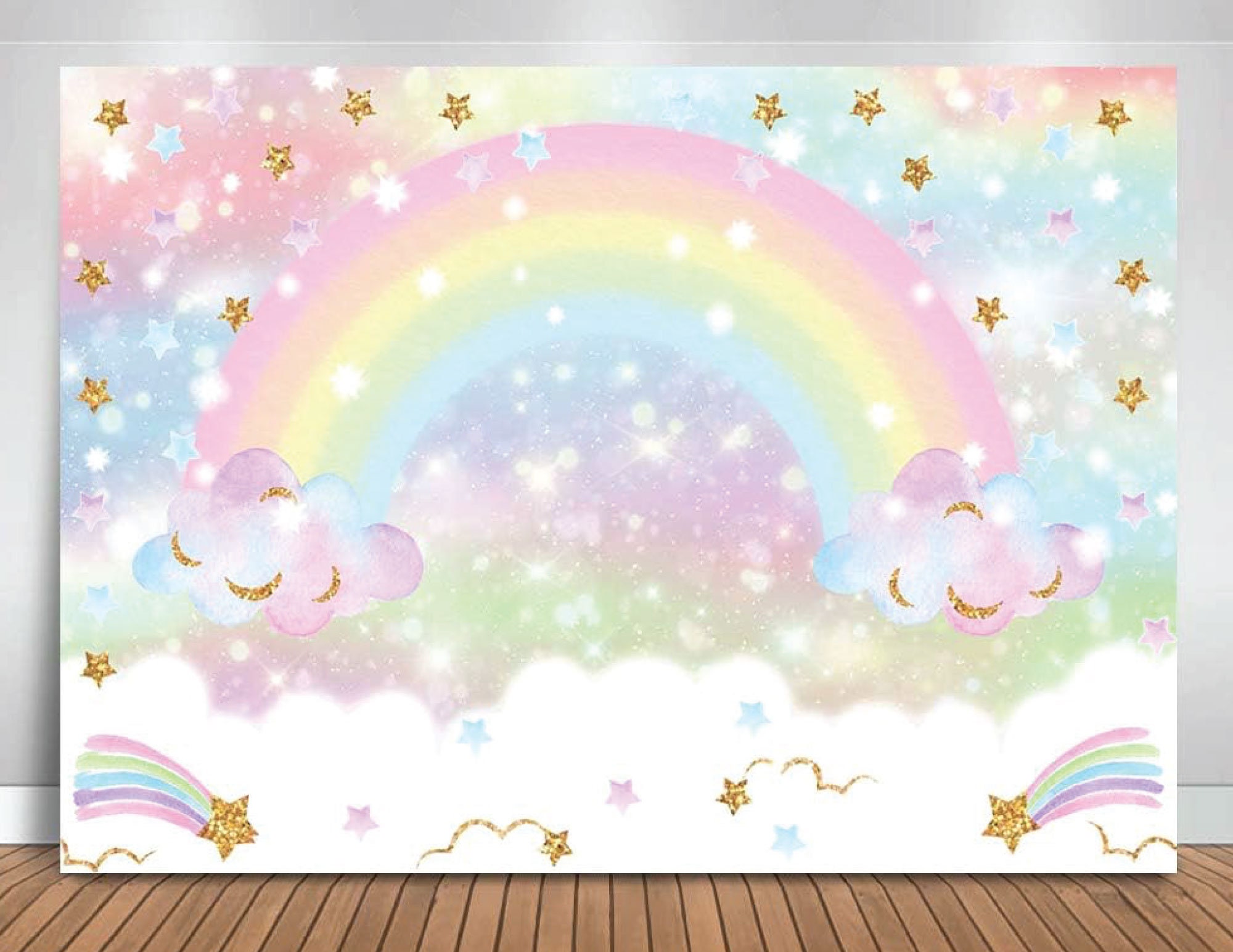 Rainbow Backdrop, Watercolor Pastel Rainbow Birthday Cloud Glitter ...