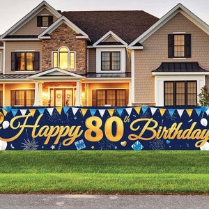 Large 80th Birthday Banner Backdrop Decorations for Men Women Gold Blue ...