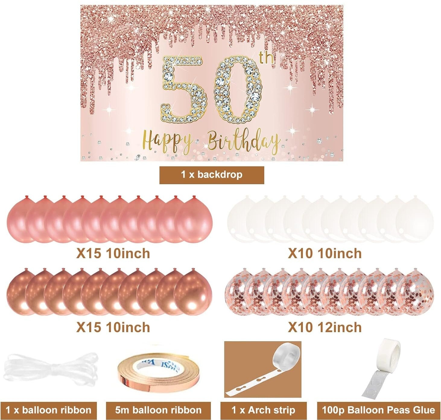 50th Birthday Backdrop and Balloon Garland Arch Decorations Rose Gold ...