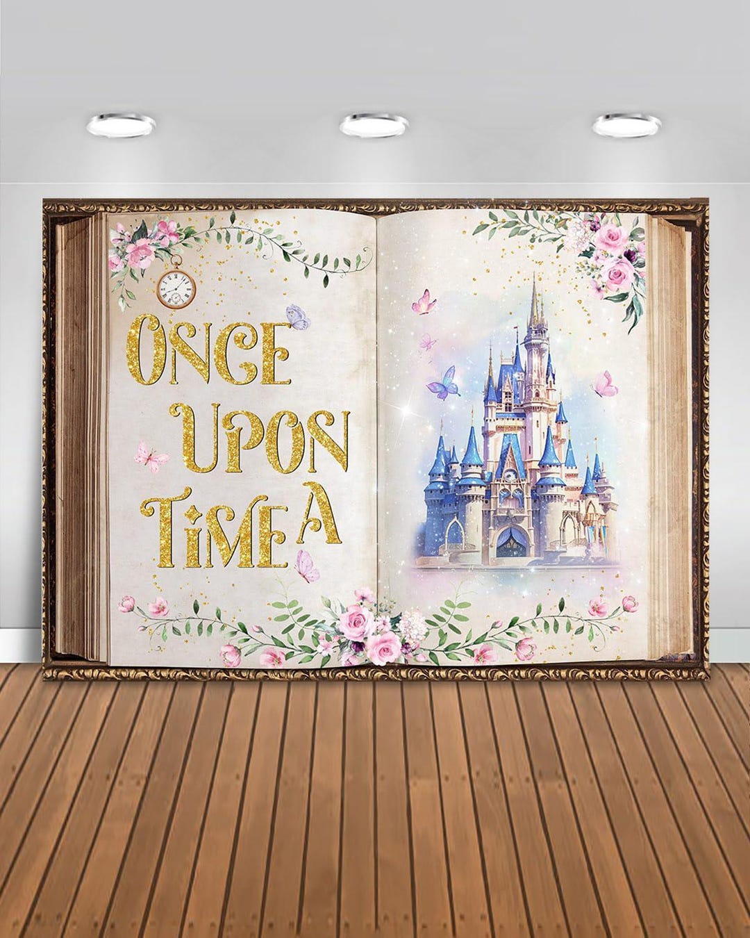 Once Upon a Time Backdrop Banner Purple Pink Floral Gold Castle ...