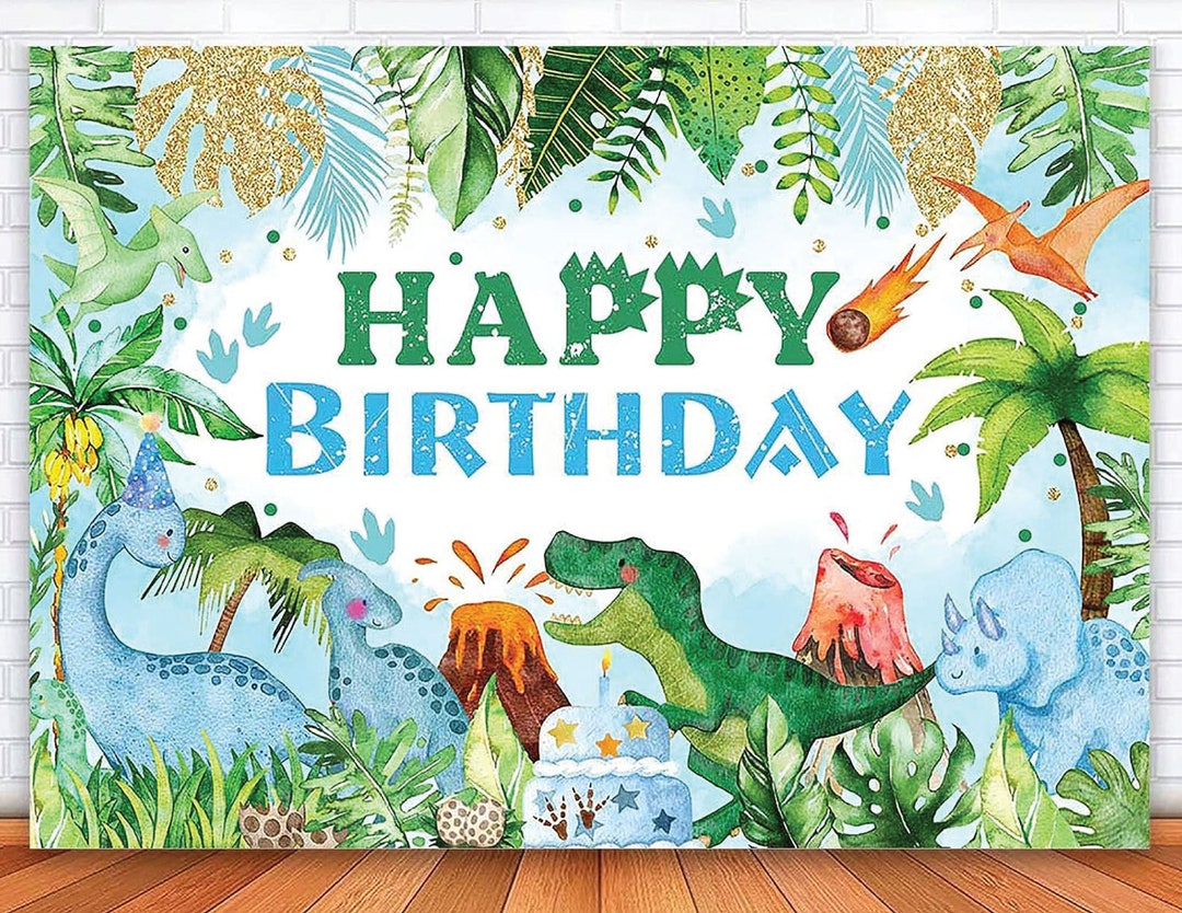 Dinosaur Birthday Backdrop, Boys Dino Birthday Banner, Watercolor Blue ...