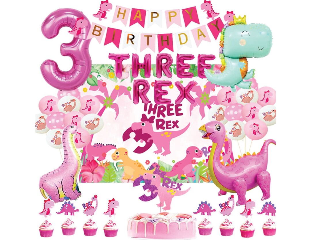 Pink Dinosaur Three Rex Backdrop and Balloons, Girl's 3 Rex Banner T ...