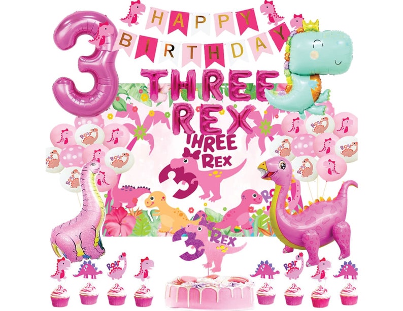 Pink Dinosaur Three Rex Backdrop and Balloons, Girl's 3 Rex Banner T ...