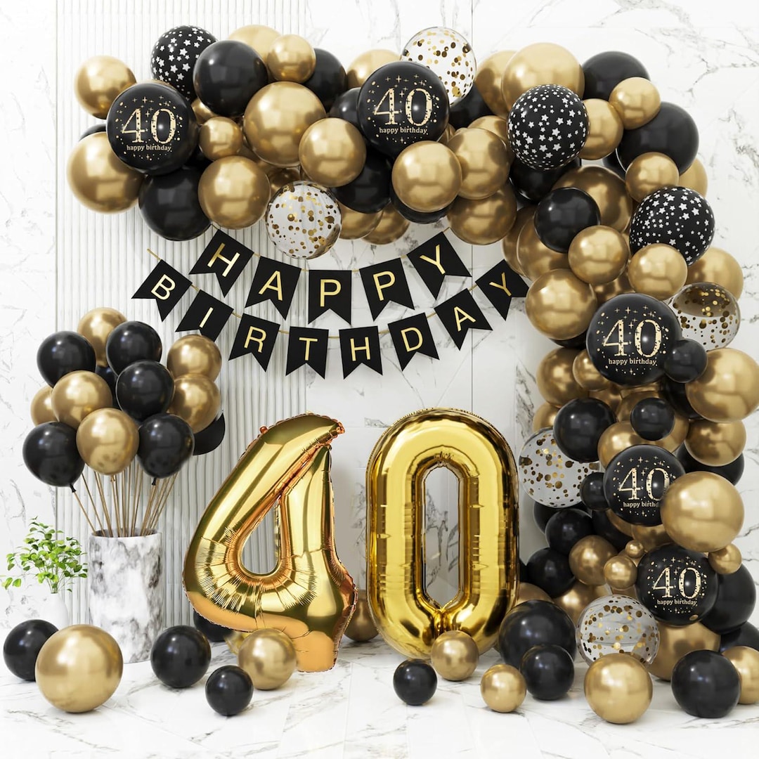 40th Birthday Balloon Garland Arch, Black and Gold 40th Birthday ...