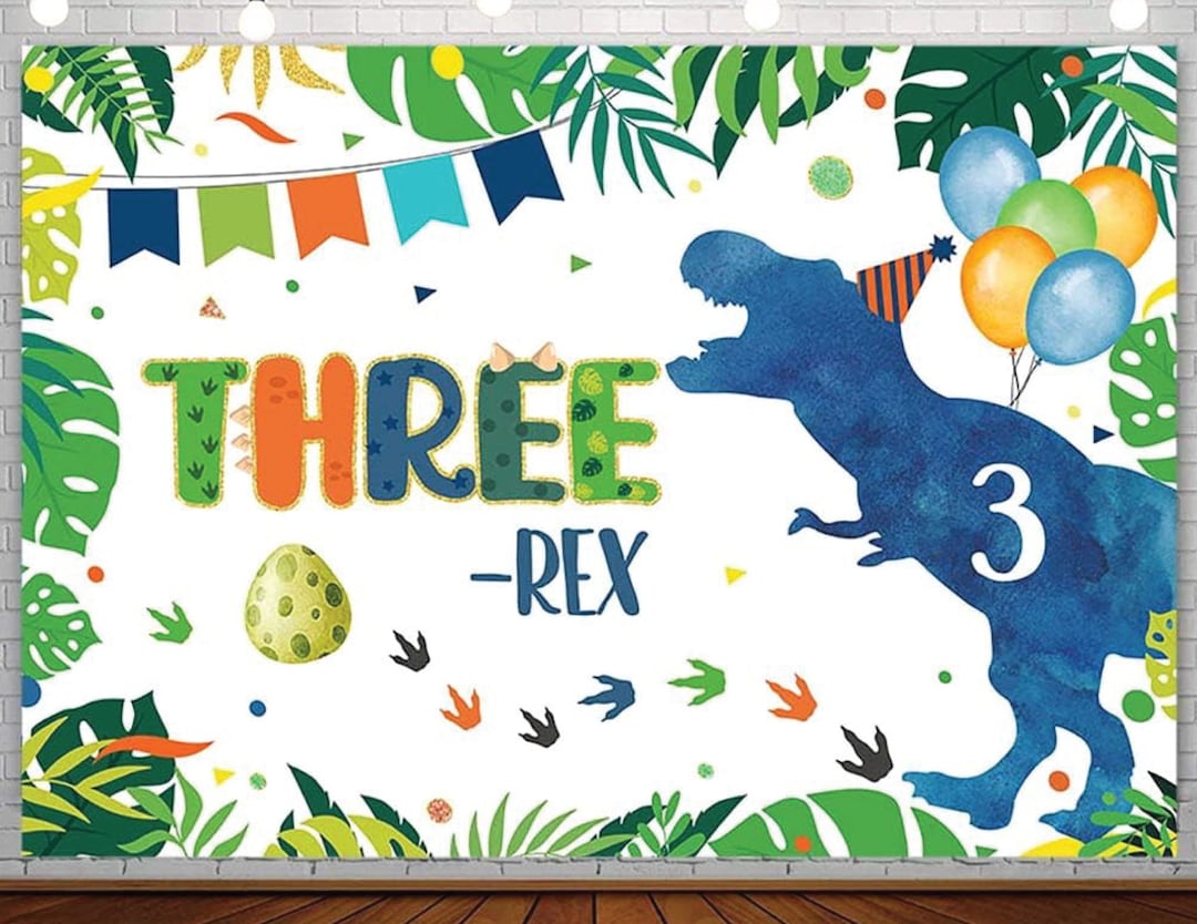 Dinosaur Three Rex Birthday Backdrop Boys Dino 3rd Birthday Banner ...