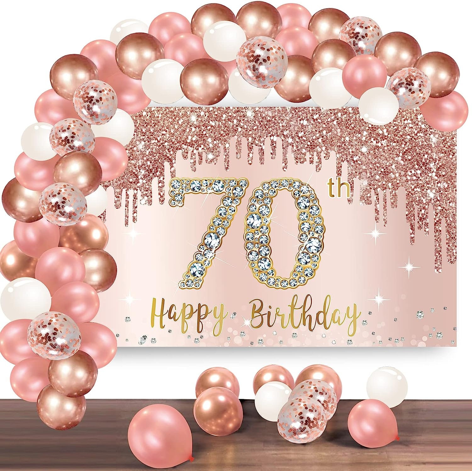 70th Birthday Backdrop and Balloon Garland Arch Decorations Rose Gold ...