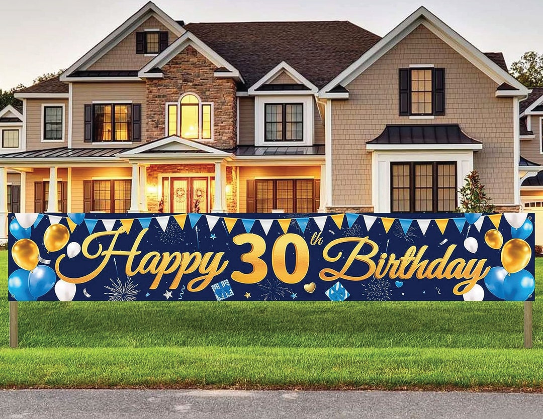 Large 30th Birthday Banner Backdrop Decorations for Men Women Gold Blue ...