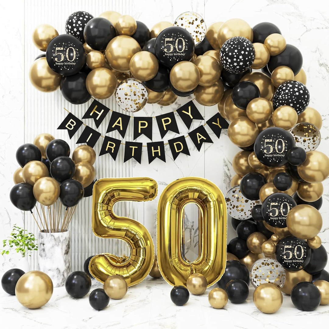 50th Birthday Balloon Garland Arch, Black and Gold 50th Birthday ...