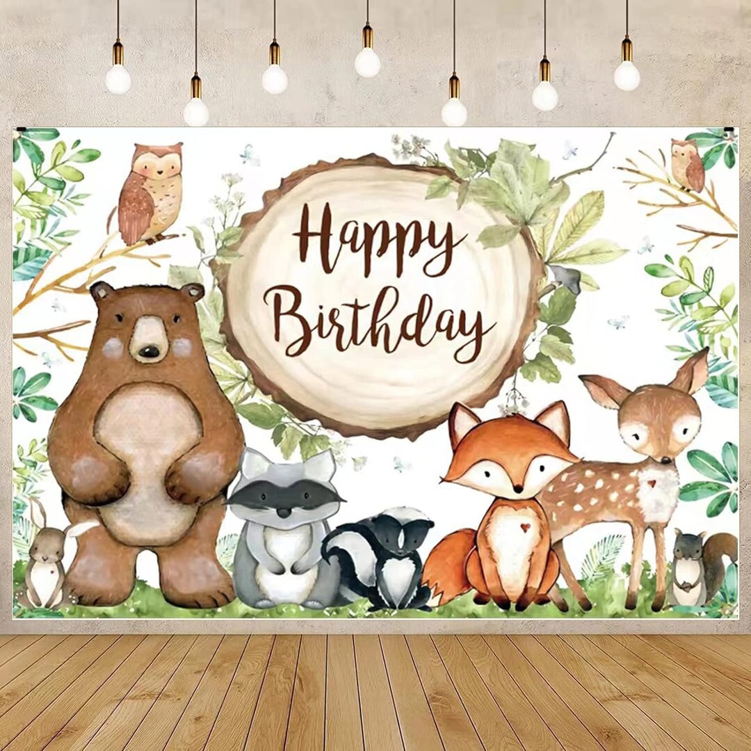 Woodland Birthday Backdrop Safari Animals Vinyl Photography Background ...